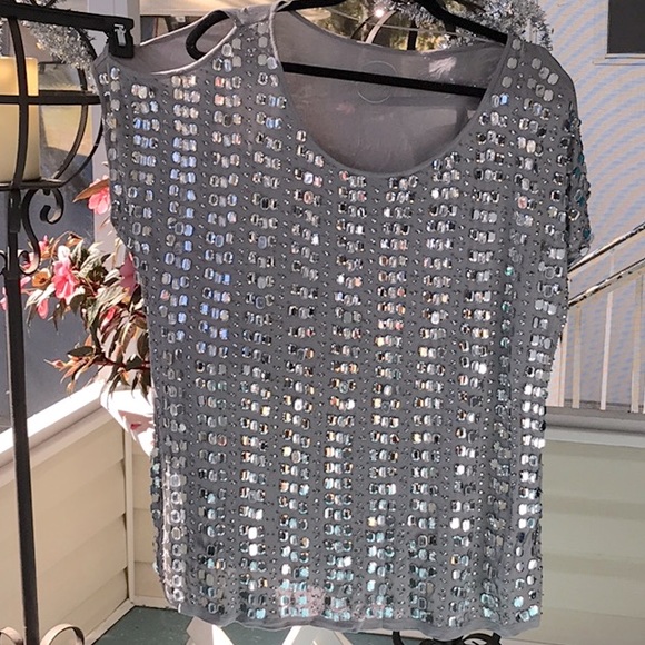 Tops | Inc Bling Mirrored Silver Grey Top | Poshmark